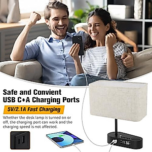 Lotelu Table lamp with USB A & C Charging Ports, Modern Bedside Lamps with Alarm Clock & Speakers - 3 Way Dimmable Desk Touch Lamp for Nightstand, Bedroom, Living Room, Office (LED Bulb Included)