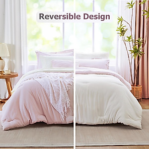 Kozyhvn Twin Bedding Sets for Girls, Pink and White Comforter Bedding Set Reversible, 5 Pieces Soft Bed in a Bag Twin XL with Comforter, Sheets, Pillowcase & Sham, All Seasons Boho Twin XL Bed Set