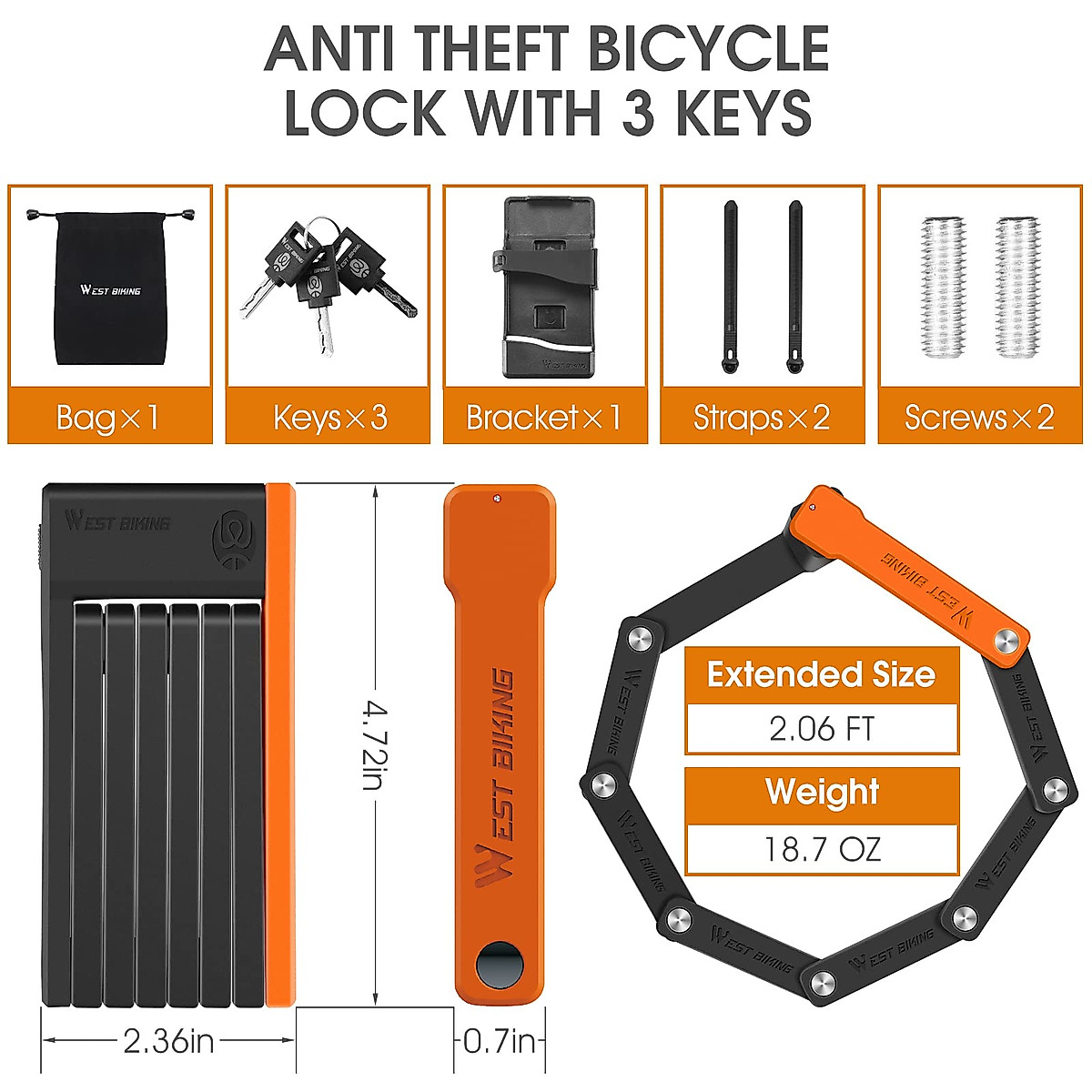 ANGGOER Compact Folding Bike Lock with 3 Keys, 2.06 Ft Anti Theft Security Bicycle Locks, Super Strong Bicycle Security Chain Lock with Bracket for Electric Bikes/Scooters