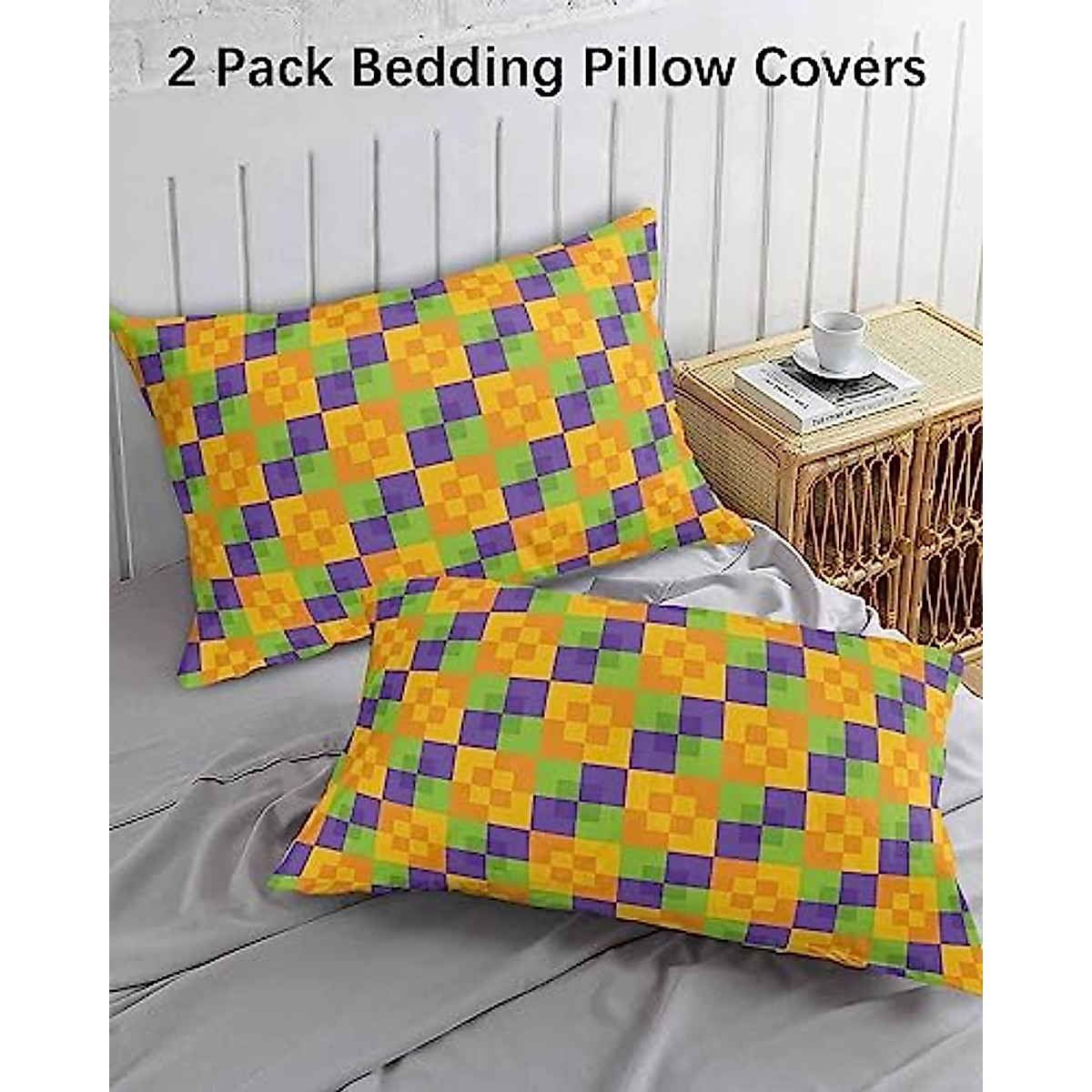 Edwiinsa Halloween Pillow Covers King Standard Set of 2 Bed Pillow, Yellow Green Purple Plaid Checkered Geometric Plush Soft Comfort for Hair/Skin Cooling Pillowcases with Envelop Closure 20''x36''