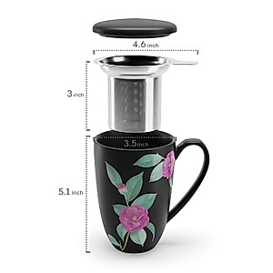 immaculife Tea Cup with Infuser and Lid Ceramic Tea Mug with Lid Teaware with Filter 16oz, Black Floral Print