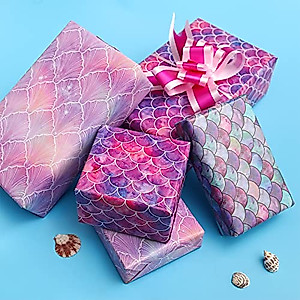 BULKYTREE Birthday Wrapping Paper with Cut Lines for Girls Boys Kids Women Men - 3 Large Sheets Galaxy Mermaid Scale Scallop Gift Wrap for Graduation Anniversaries - 27 Inch X 39.4 Inch Per Sheet