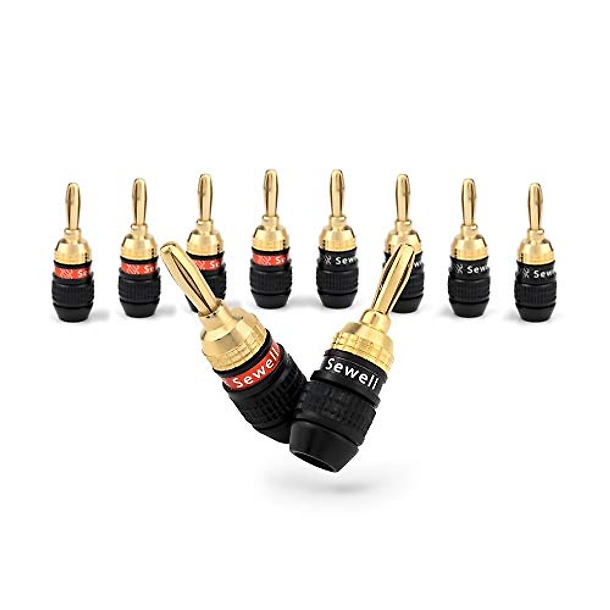 Deadbolt Banana Plugs 5-Pairs by Sewell, Gold Plated Speaker Plugs, Quick Connect