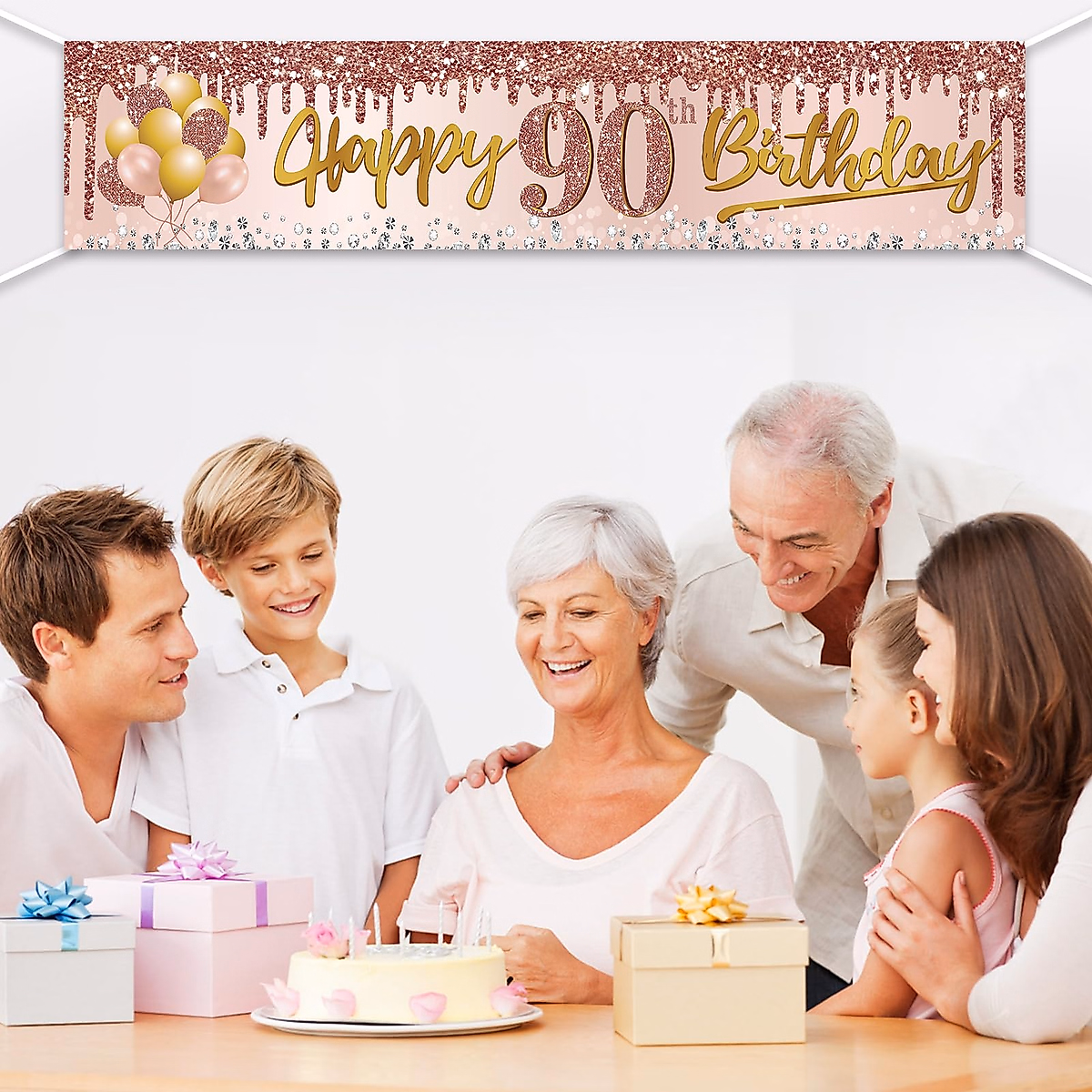Excelloon 90th Birthday Banner Decorations for Women, Pink Rose Gold Happy 90 Birthday Yard Banner Party Supplies, 90 Year Old Bday Background Sign for Outdoor Indoor