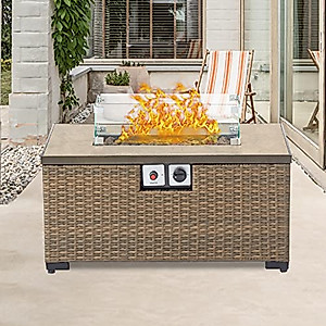 Patio Propane Fire Pit Table - 32 inch Outdoor PE Rattan Rectangle Tan Wicker Gas Fire Table with Ceramic Tile Tabletop, Glass Wind Guard for Outside, Garden, Backyard, Brown