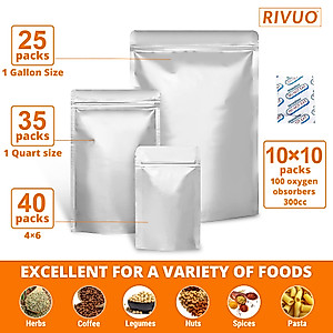 RIVUO 100 Mylar Bags For Food Storage With Oxygen Absorbers 300cc and Labels - 10.2 Mil Total/5.1 Mil Single Side Thickness - 10"x14", 6"x9", 4"x6"- 100 Oxygen Absorbers 300cc (10 Packs of 10)