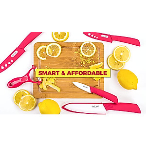 Serrated Pink Ceramic Knife Set with 5" Serrated Knife, Kitchen Knife Set - Includes 3”, 4”, 5”, 6” Ceramic Knives, Matching Sheaths and a Matching Vegetable Peeler in a black Gift Box