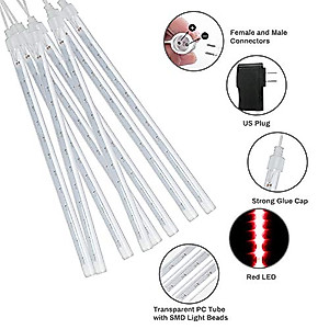 Number-One Meteor Shower Lights, LED Falling Rain Lights 30cm 8 Tube 192 LEDs Falling Raindrop Light, Waterproof Icicle Snow Fall String Lights for Xmas Tree Parties Wedding Garden (Red)