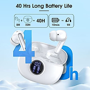 Wireless Earbuds Bluetooth 5.3 Headphones 40 Hrs Playtime with LED Display, Deep Bass Stereo and Noise Cancelling Bluetooth Ear Buds IP7 Waterproof Wireless Earphones with Mic for iPhone Android White