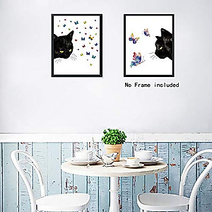 KAIRNE Black Cat With colorful Butterfly Art Print,Set Of 3(8”X10”) Watercolor Animals Canvas kitten Poster Rainbow Cat Painting,Modern Wall Art,Cat Gifts for Women,Girls Bedroom,House decor.