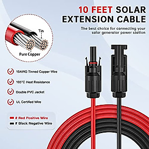 ELECTOP Solar Extension Cable Wire 10 Feet, 10AWG Solar Panel Cable with Weatherproof Female and Male Connector Adapter Kit for Solar Generator House Boat RV(10FT Red + 10FT Black)