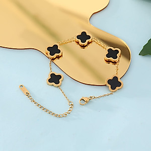 WSupikio Link Bracelets for Women Girls Trendy Bracelet Cute Plated 18K Gold Lucky Adjustable Clover Link Bracelets Mother's Day Christmas Gift Jewelry (Black)