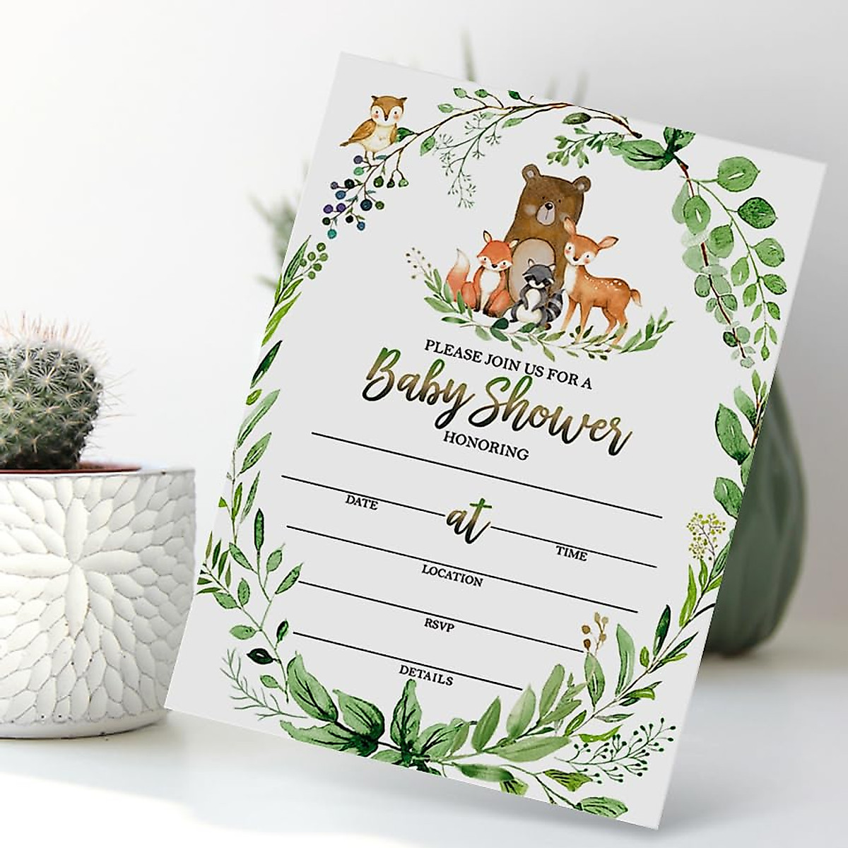 skuhyyg 25 Woodland Baby Shower Invitations with Envelopes，Woodland Diaper Raffle Tickets & Book Request Cards, Woodland Animal Stickers, thank you for showering our little one with love