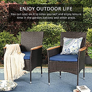 MFSTUDIO Patio PE Rattan Dining Chairs Set of 2,Modern Outdoor Wicker Chairs with Acacia Wood Armrests and Removable Cushion for Porch, Balcony, Garden