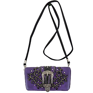 Western Style Tooled Leather Buckle Concealed Carry Purse Country Handbag Women Shoulder Bag Wallet Set (#4 Purple Set)