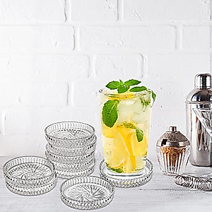 AVLA 8 Pack Crystal Drink Coasters, Glass Round Cup Mat, Clear Decorative Wine Bottle Coasters Barware Set for Table Protection of Home Kitchen, Dining Room, Patio, Coffee Shop, 3.75", Carved Design
