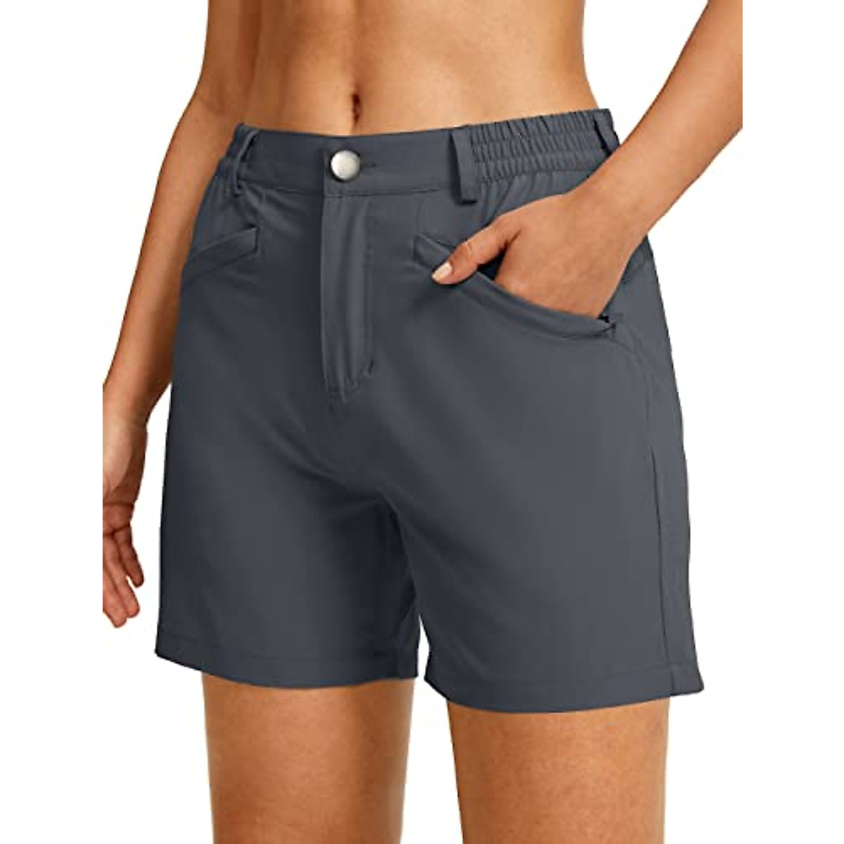 Soothfeel Women's Golf Shorts with 4 Pockets 5 Inch Quick Dry Stretch Dress Work Hiking Shorts for Women Casual Summer (Deep Grey, L)