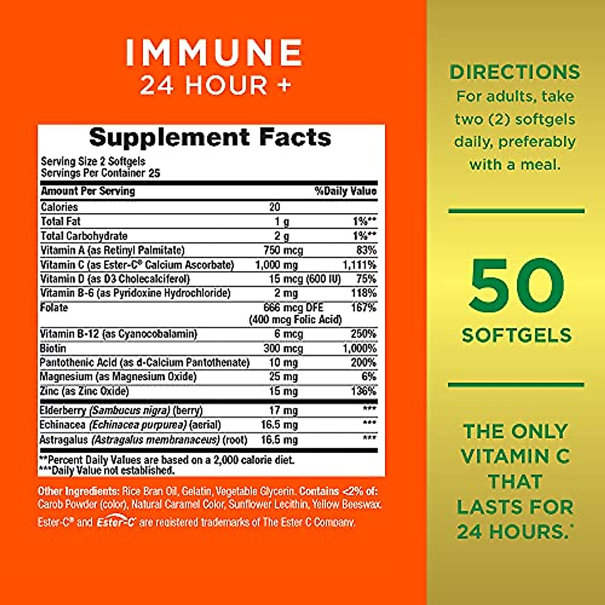 Nature's Bounty Immune 24 Hour +, The only Vitamin C with 24 Hour Immune Support from Ester C, Rapid Release Softgels, 50 Count