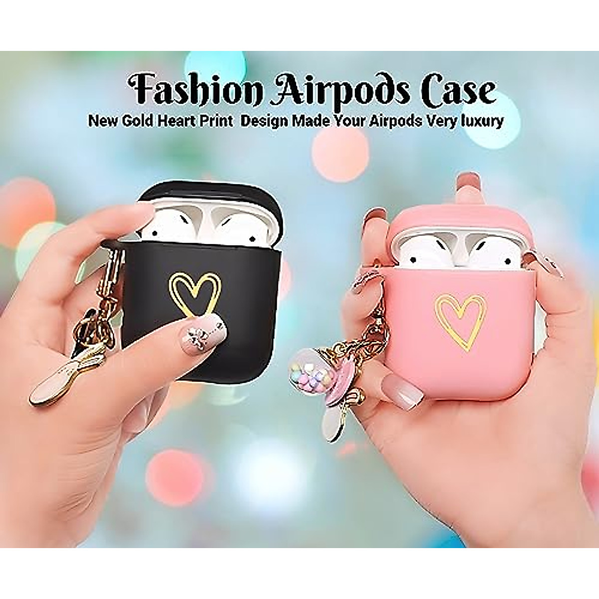 REDX1 [2 Pack] Airpods Case Gold Heart Design Protective Cover with Lucky Ball Keychain Accessories,Soft TPU for Women,Girl,Teen Compatible with Airpods 1&2nd Generation (Black,Pink)