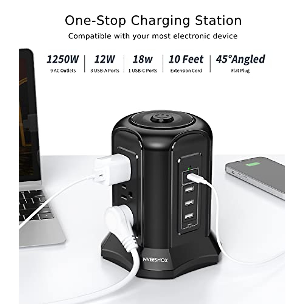Power Strip Surge Protector Tower- 9 AC Multiple Outlets with 4 USB Ports (1 USB C),10 Ft Long Heavy Duty Extension Cord,Flat Plug Charging Station with Overload Protection for Home Office Dorm Desk