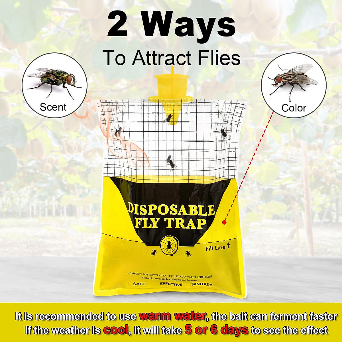 2 Pack10.8 * 12.6 Inch Big Fly Traps Disposable Bag Outdoor Hanging with Natural Baited, Mosquito Bug Flying Insect Trap Catchers Killer, Stable Horse Fly Hunter Trap Control for Barn Ranch