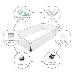 Grisun Fire Pit Glass Wind Guard - 31 x 12 x 6 inch, Thick Rectangular Heat-Resistant Tempered Glass Guard with Hard Aluminum Corner Bracket and Feet for Propane, Gas, Outdoor