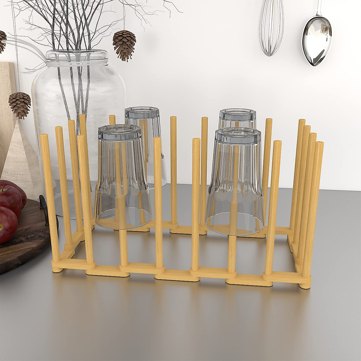 yeshine Bamboo Bottle Drying Rack, Plastic Bag Drying Rack, Natural Bamboo Kitchen Countertop Multifunctional Drying Rack, for Cups/Mugs/Bottles/Plates/Plastic Bags Draining Rack