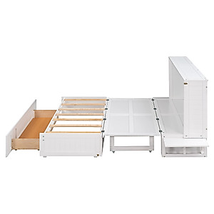 Harper & Bright Designs Queen Size Mobile Murphy Bed with Drawer and Little Shelves on Each Side, Wood Queen Size Bed Frame, White