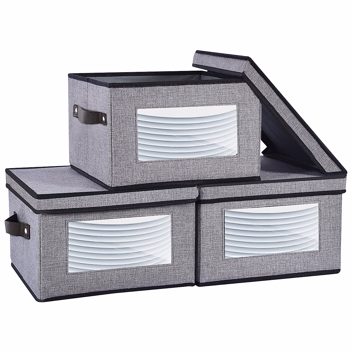 YheenLf 3 Sets China Storage Containers With Lid and Handles, Dinnerware Storage Box for Dishes Plate Storage Containers with 30 Felt Dividers, Hold 30 Plates, 12 x 12 x 8 inches, Grey