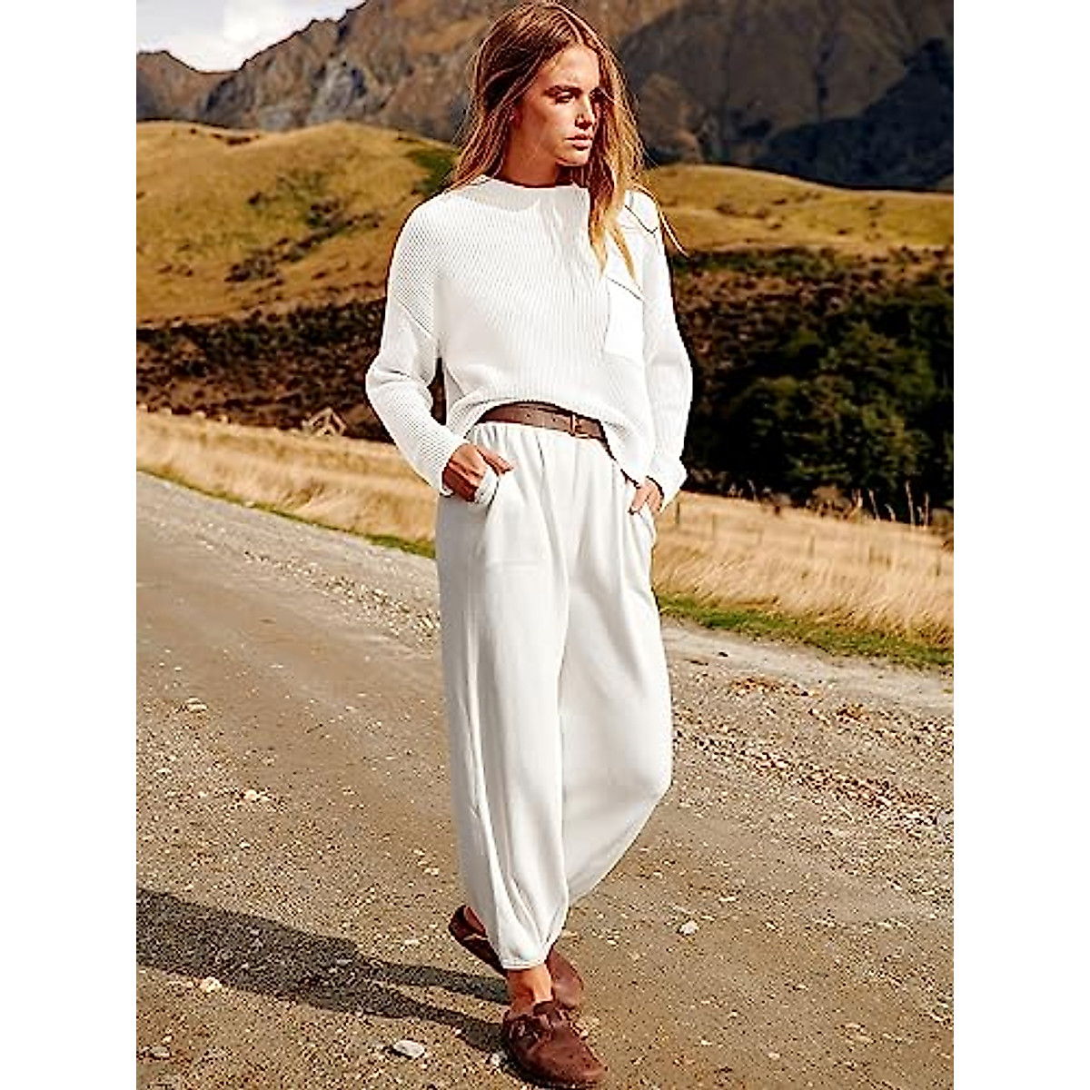 ANRABESS Women's Two Piece Outfits Long Sleeve Knit Top Fall Sweater Set Oversized Pants Tracksuit Lounge Sets White Medium