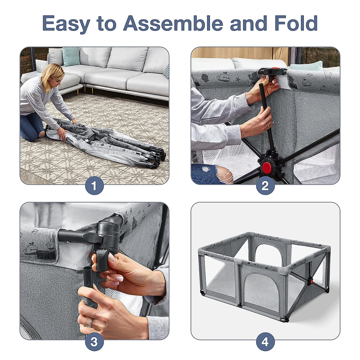 Foldable Baby Playpen, ALVOD 59 * 47 inches Portable Playpen for Babies and Toddlers Indoor & Outdoor Kids Safety Playpen with Carrying Bag, Dark Gray