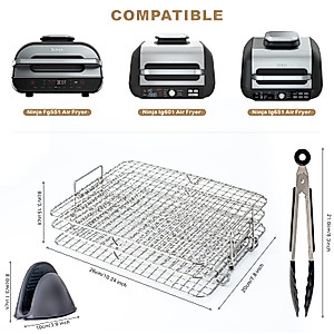 Air Fryer Rack for Ninja Foodi Grill XL FG551/IG601/IG651, Multi-Layer Dehydrator Rack Air Fryer Accessories (Included Heat and Slip Resistant Silicone Mini Potholders Mitts and Kitchen Tongs)
