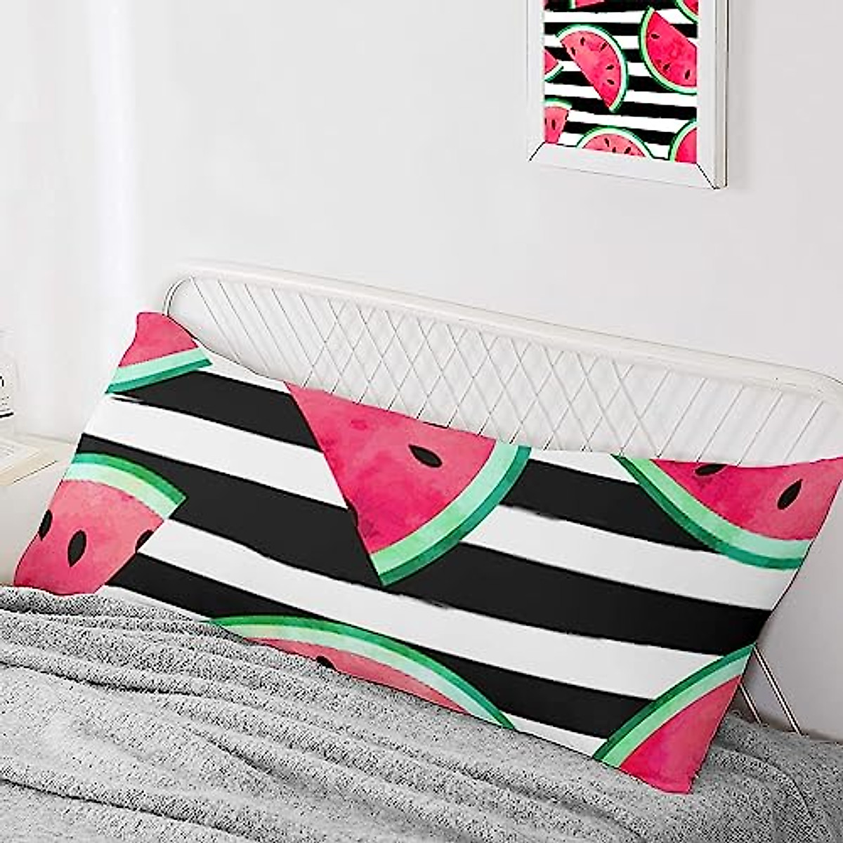 Body Pillow Cover with Zipper Closure, Super Soft and Cozy Body Pillow Case Cover Luxury Long Body Pillowcase Tropical Fruit Watermelon Pink Summer Stripe Black and White Background 20 x 54 Inches