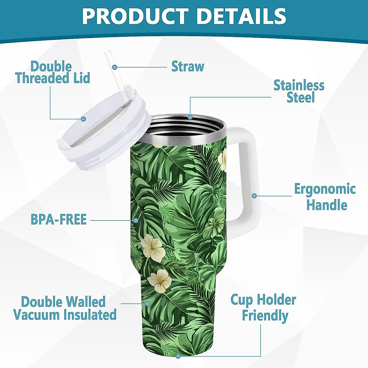 Slewiaeky Tumbler with Handle 40 oz Plant Palm Leaf Vintage Travel Mug with Lid and Straw Hibiscus Stainless Steel Vacuum Insulated Water Bottle Cup for Iced Tea Coffee Cold Beverages Cup Holder Frie