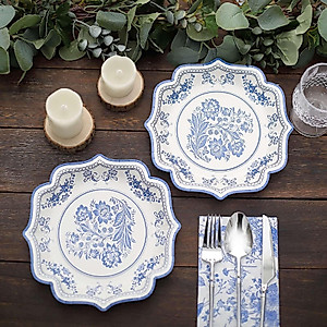 Tableclothsfactory 25 Pack | 8" White/Blue Chinoiserie Floral Print Paper Dessert Plates with Scalloped Rims, Disposable Salad Appetizer Plates - 300 GSM