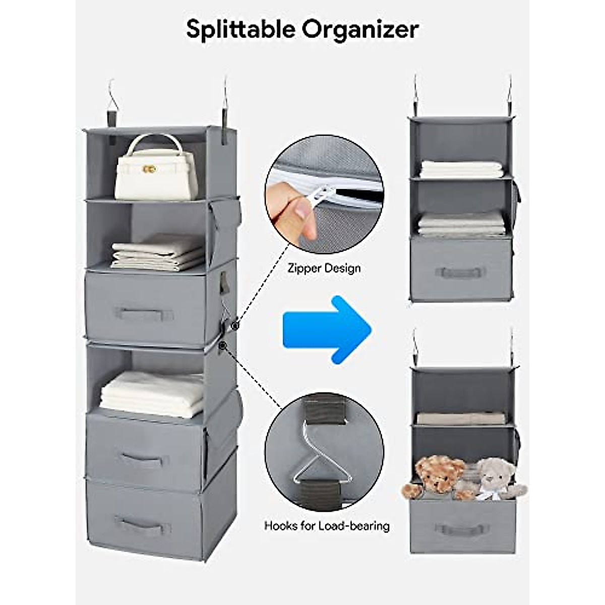 JARLINK 6-Shelf Hanging Closet Organizer, 2 Separable 3-Shelf Hanging Shelves with 3 Drawers, Clothes Organizer and Storage for Bedroom, Wardrobe, Nursery, RV, College Dorm, 12.2'' x 13.6'' x 47.2''