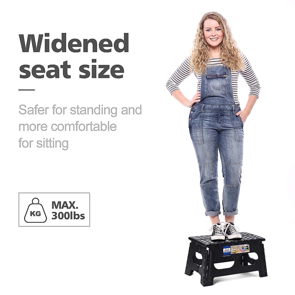 ACSTEP Folding Step Stool, Include Extra Wide Heavy Duty Stepping Stool and Back Support Foldable Step Stool Black