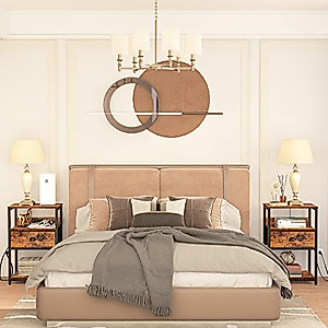 Furologee Nightstand Set of 2 with Charging Station, End Table with USB Ports&Power Outlets, 3-Tier Storage Shelf Tall Bedside Table, Industrial Side Table with Fabric Drawer for Bedroom/Living Room