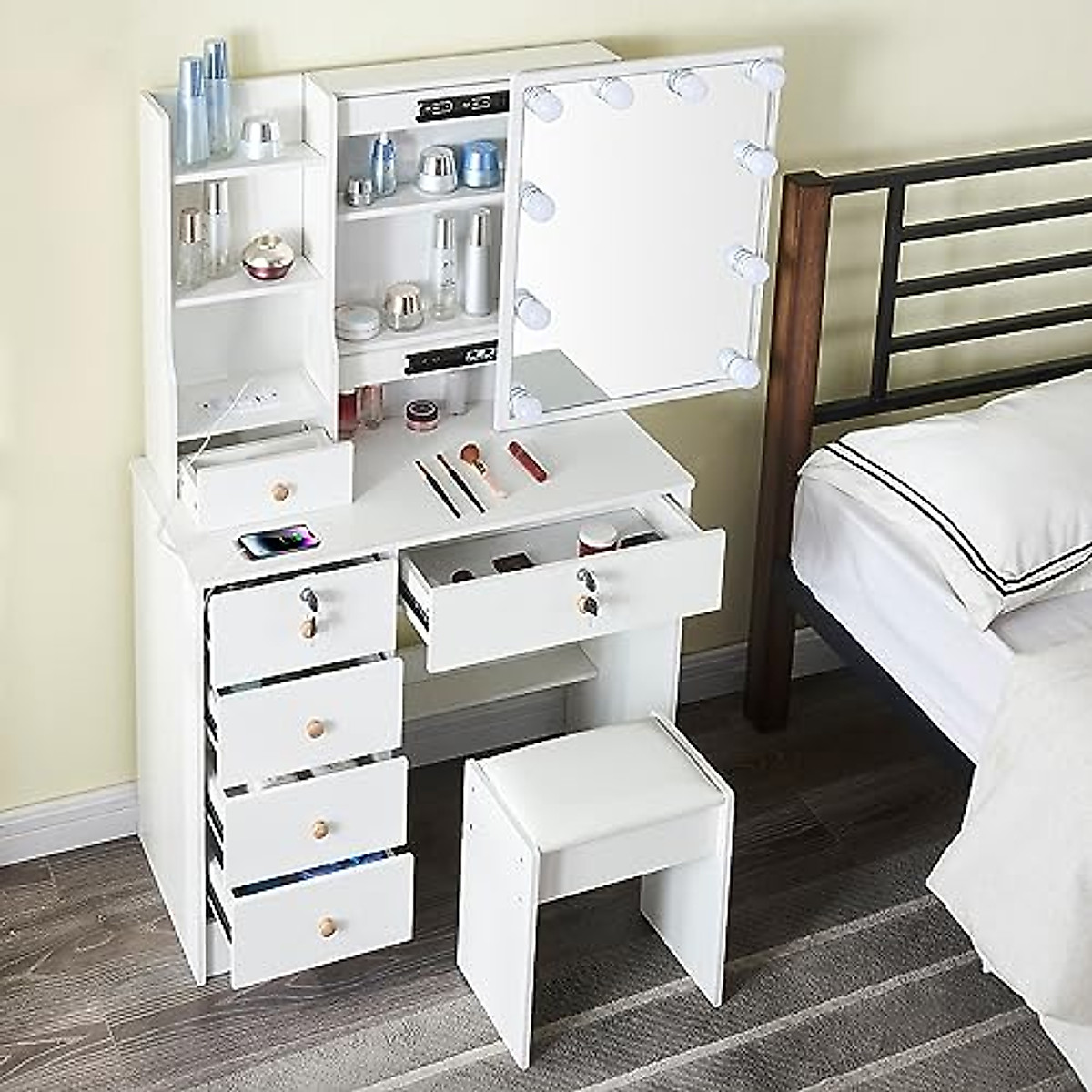 Lucaseone Vanity Desk with Lights Mirror, Vanity Table Makeup Vanity with Slidable Mirror,Drawers & Stool,for Bedroom, White (05USB712)