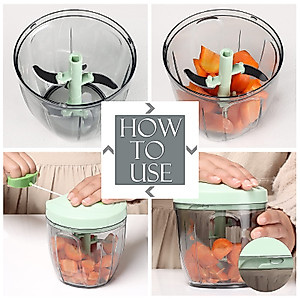 Ourokhome Manual Food Processor Vegetable Chopper, Portable Hand Pull String Garlic Mincer Onion Cutter for Veggies, Ginger, Fruits, Nuts, Herbs, etc., 900ml, Green