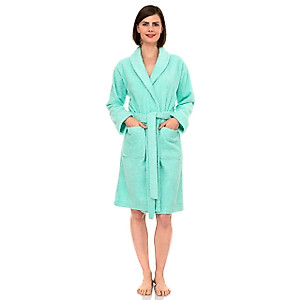 TowelSelections Women’s Robe, 100% Cotton Short Terry Shawl Bathrobe Medium Beach Green