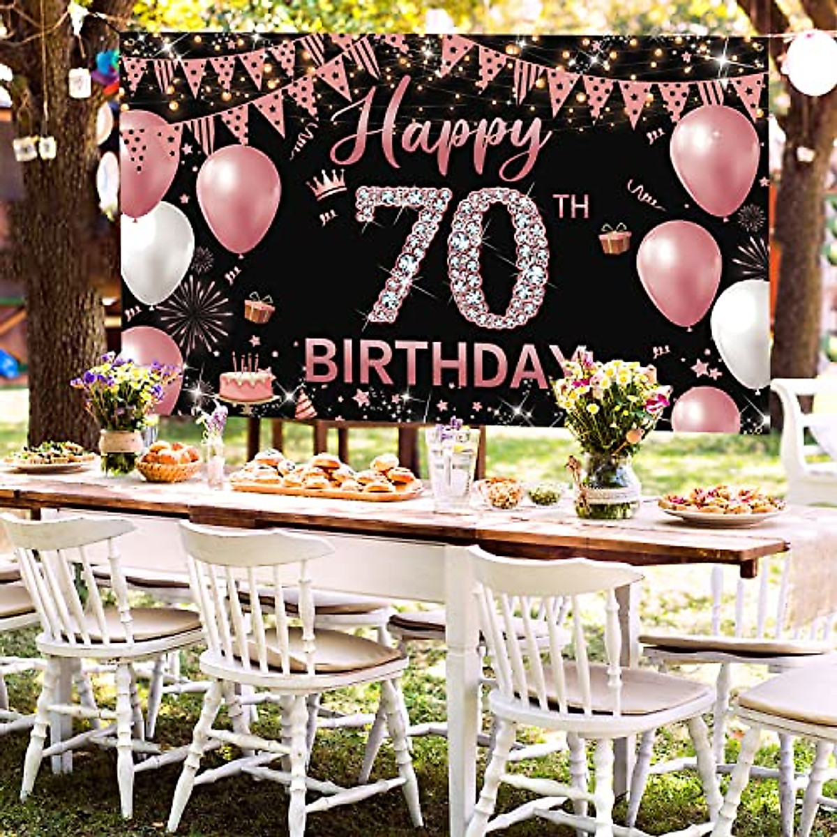 70th Birthday Decorations Backdrop Banner for Women, Rose Gold Happy 70th Birthday Decoration for Women, 70 Year Old Birthday Party Backdrop, 70th Birthday Theme Photo Props Fabric 6.1ft x 3.6ft PHXEY
