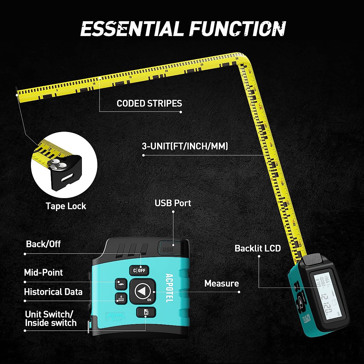 2-in-1 Digital Tape Measure - Ft/Ft+in/in/M 16Ft Tape Measure, Backlit Display USB Rechargeable Tape Measure with Display, 20 Groups Historical Memory ACPOTEL (Blue)