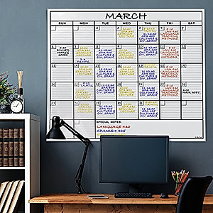 Jumbo Dry Erase Laminated Wall Calendar, Huge 36 Inch by 48 Inch Size, Monthly Planner for Home Office Classroom, Large Date Boxes, Reusable PET Film, Never Folded, 5 Markers, 8 Tacks, 1 Eraser