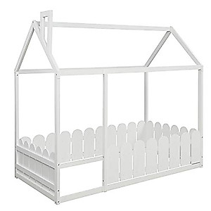 Twin Size Wood Bed House Bed Frame with Fence, Cabin Bed, Floor Bed, Nursery Furniture, Kids Tent Bed Play Tent (White)