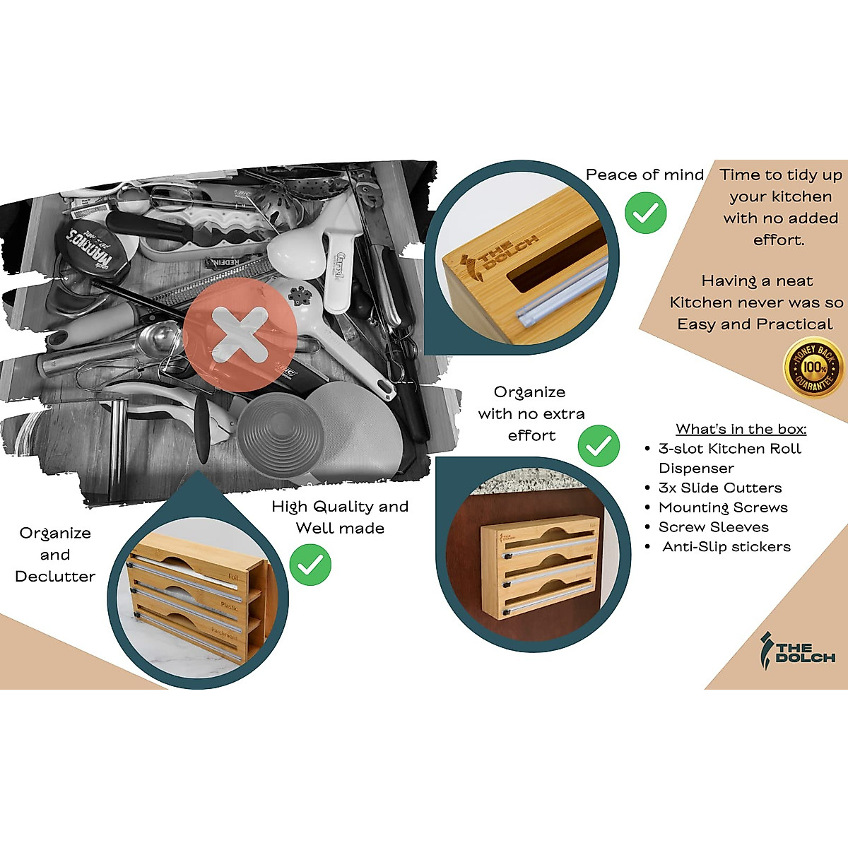 The Dolch 3 in 1 Wrap Dispenser with Cutter - Plastic Wrap Aluminum Foil and Wax Paper Organizer for Kitchen Drawer or Wall - Handy Bamboo Box for Storage - Holder Organizes Rolls -12" Roll Compatible