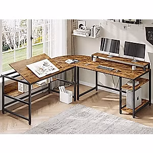 SEDETA L Shaped Desk, 68.9 inches Corner Computer Desk with Monitor Stand Riser, Drafting Drawing Table with Tiltable Desktop, Workstation Study Writing Table Art Desk for Home Office, Rustic Brown