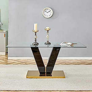 Modern Glass Dining Table for 8, Rectangle Glass Dining Room Table with Large Tempered Glass Tabletop & V Shaped Wood Frame, Golden Pedestal Base, 70.87" Glass Top Dining Table for Dining Room Kitchen