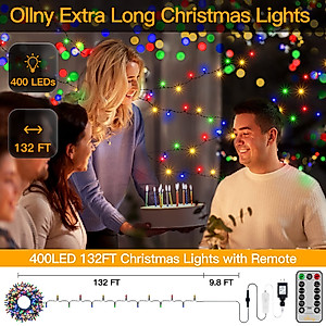 Ollny Christmas Lights 400LED 132FT, Plug-in Outside Tree Lights with Timer and 8 Modes, Remote Control Waterproof Dimmable Outdoor String Lights for House Yard Patio Xmas Decorations (Multicolored)