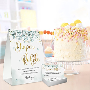 WideIdeal 51Pcs Diaper Raffle Game Sign and Cards, Baby Shower Eucalyptus Diaper Raffle Ticket Party Decorations Game Kit (1 Sign + 50 Cards) WI02